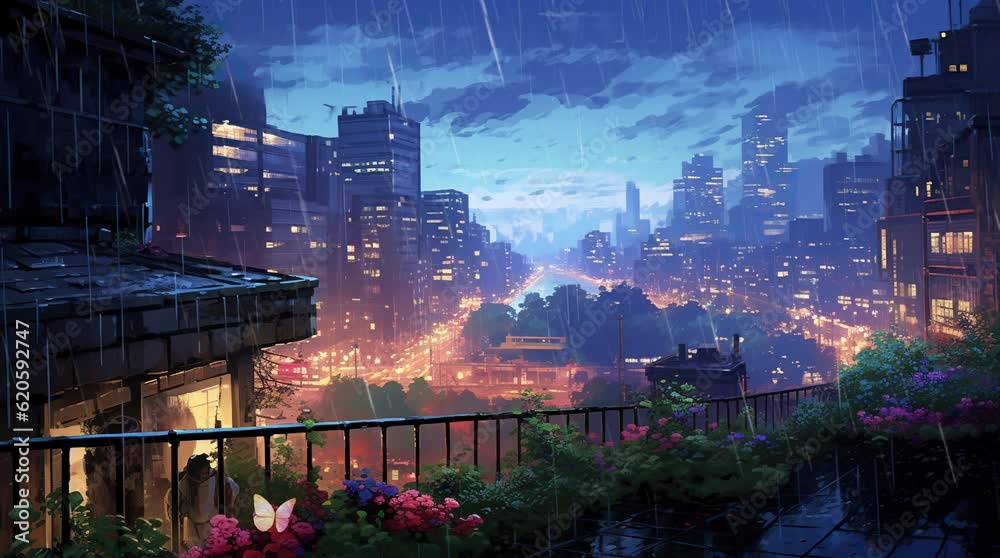 City view on rooftop during rain. Seamless Looping Video Animated ...