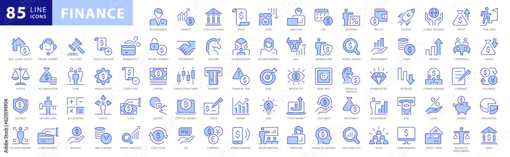 Finance icon set. With Concepts like Profit, Losses, Stock, Tax ...
