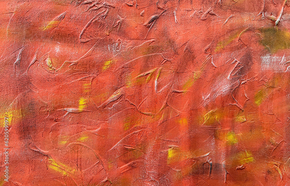 Bright rusty red wall with yellow, black and white brush stroke ...