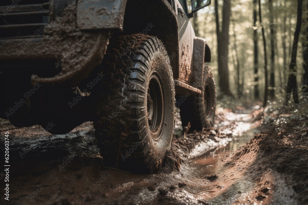 Muddy, off-road wheels on a forest trail for adventure tourism ...
