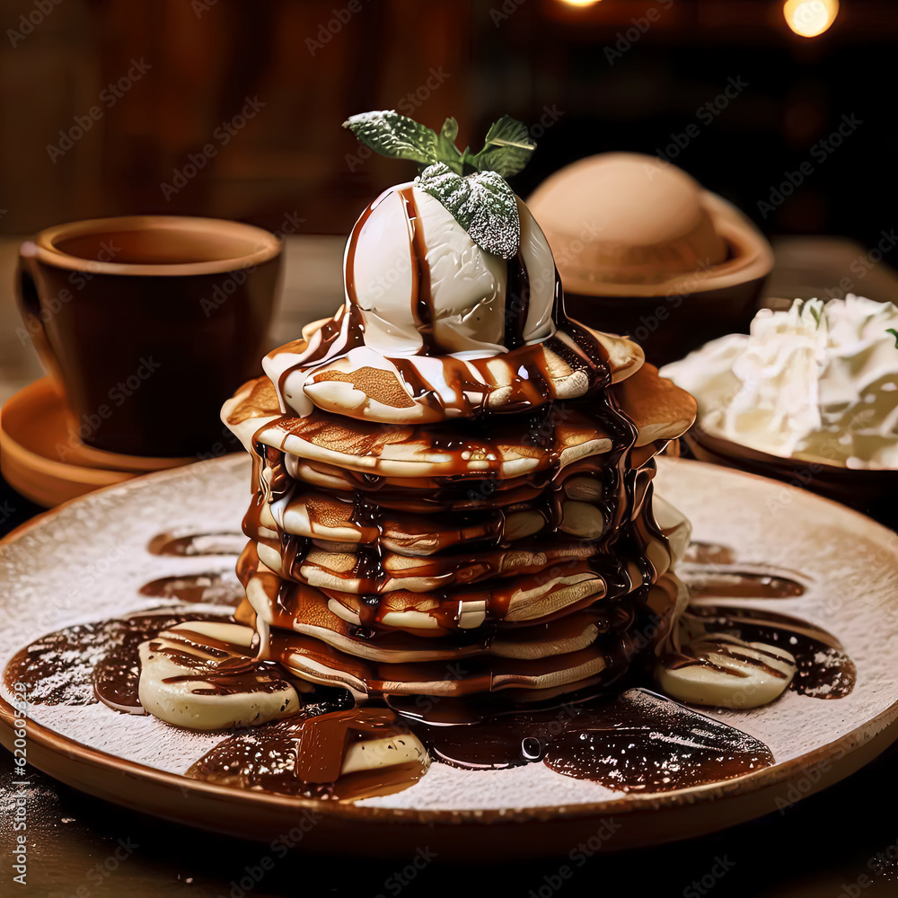 Deliciosos pancakes de chocolate con helado. Pila de tortitas con sirope de chocolate. Torre de ...