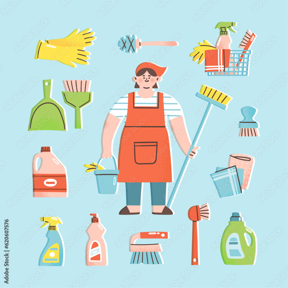 Woman and various cleaning supplies. Vector illustration of a ...