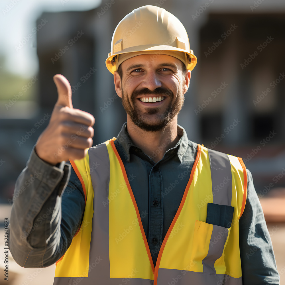 smiley construction engineer giving thumbs up on construction site ...