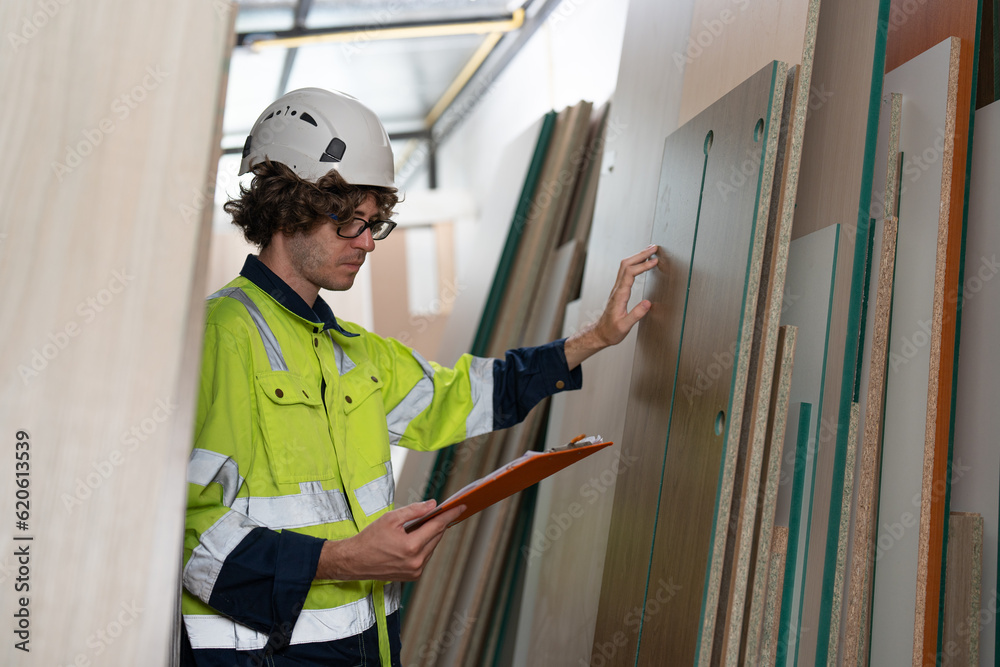 Man in uniform and helmet safety holding clipboard checking plywood ...
