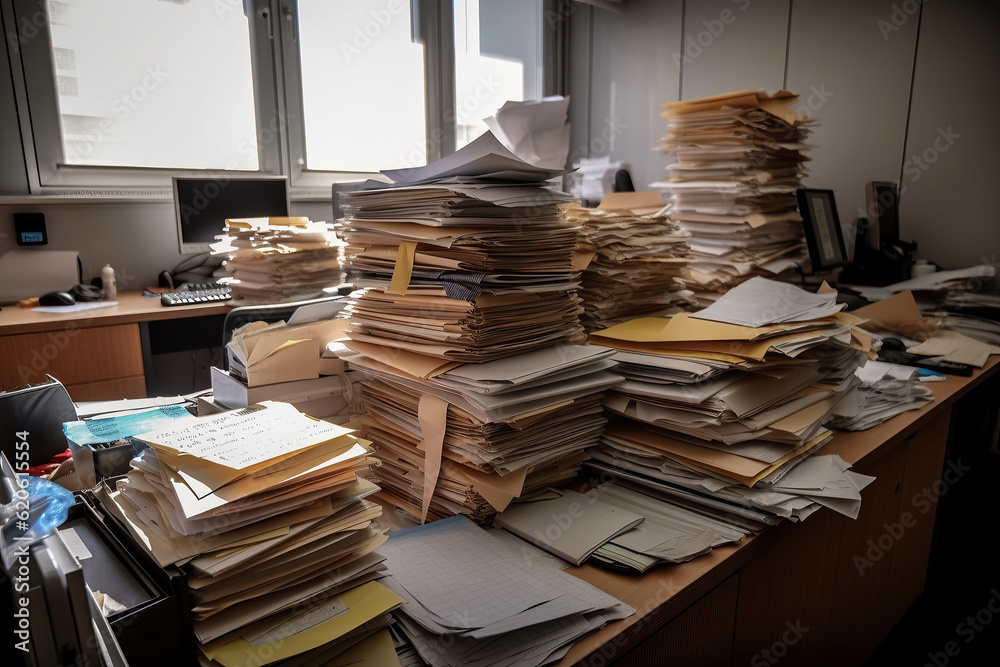 ai generated illustration pile of papers on a desk in an office. Stock ...