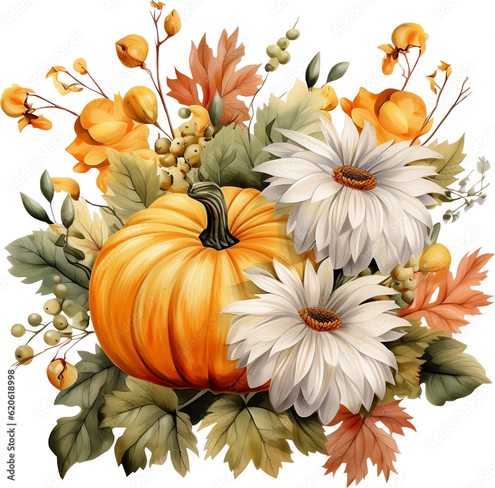 Watercolor Autumn Pumpkin Clipart, Fall Floral Leaves, Watercolor ...