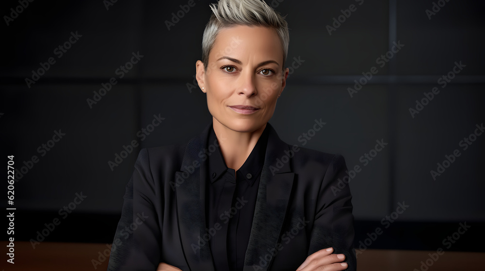 A Confident Woman Stands Tall In Her Stylish Suit Her Short Hair Framing Her Face Created With