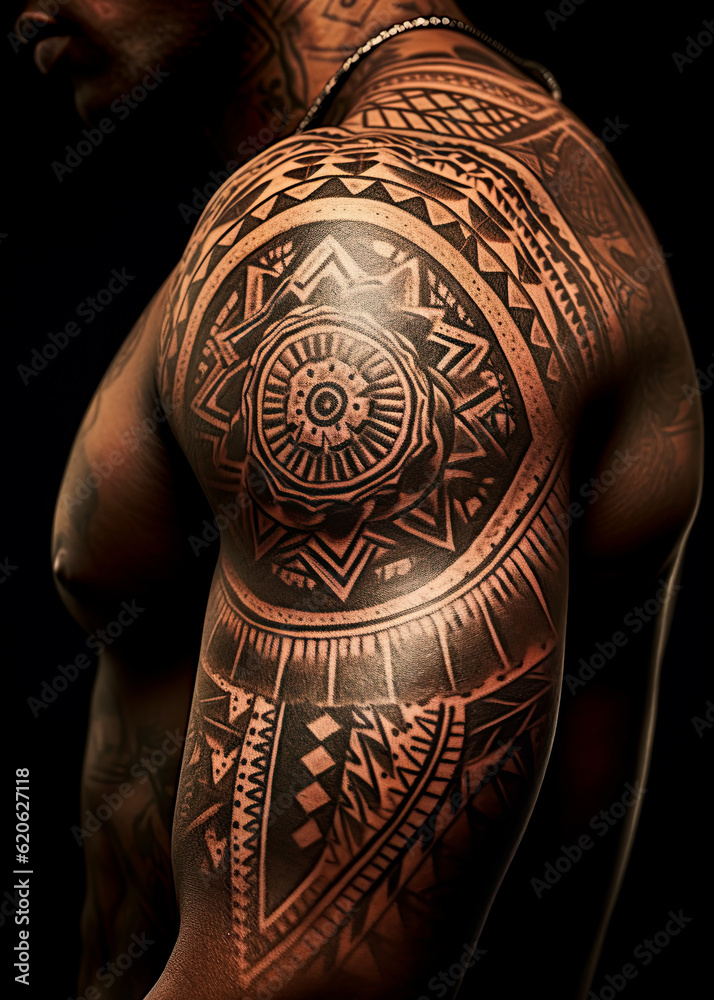 Muscular man with tribal tattoos on on his arm and chest against black ...