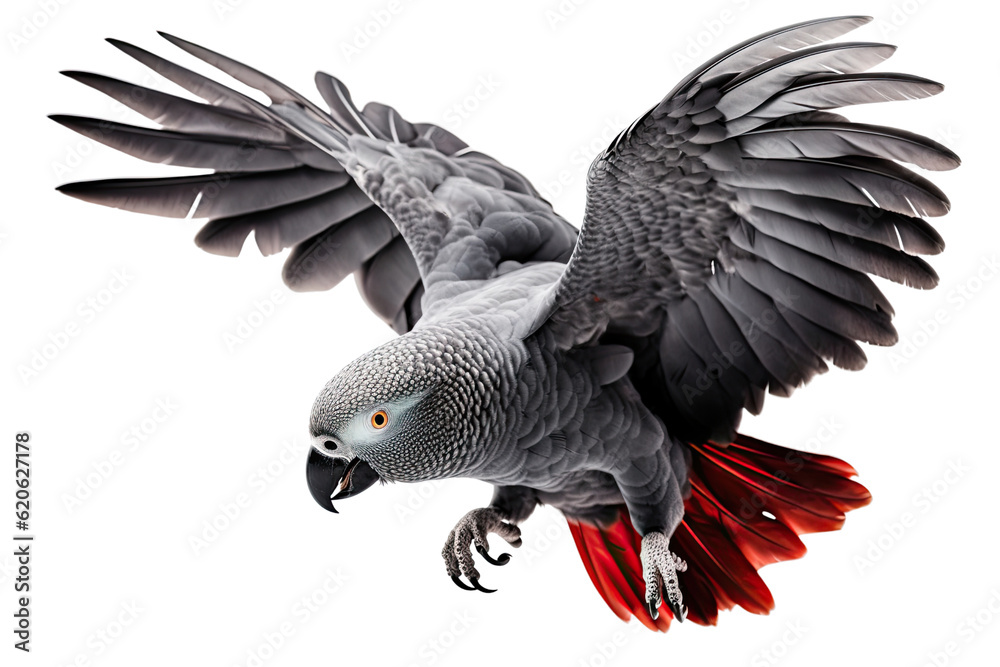 African Grey Parrot flying isolated on white, transparent background ...