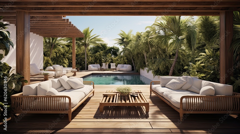 pool in resort, terrace with sofas and sun loungers by the pool. Villa ...