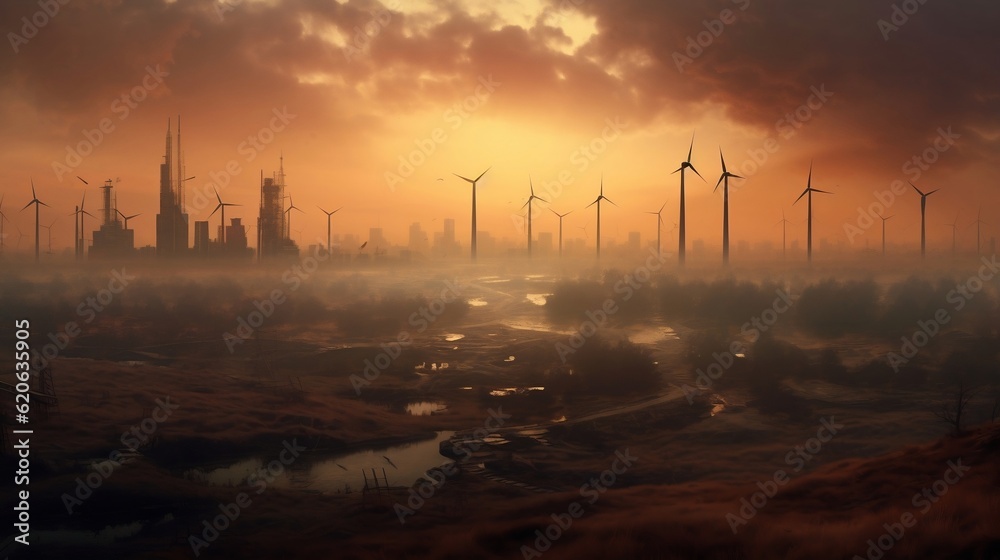 Wind turbines at a wind farm and in the distance a polluted city is ...