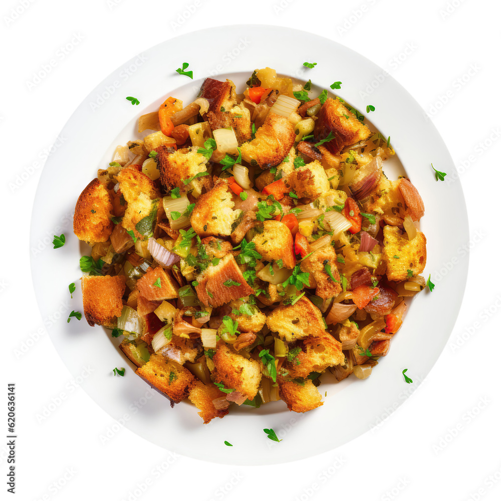 Stuffing Or Dressing On White Plate, Directly Above View On Isolated ...