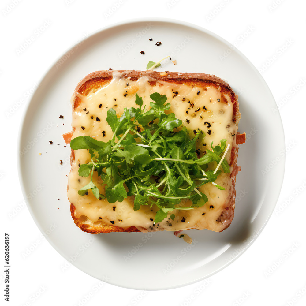 Truffle Croque Monsieur On White Plate, Directly Above View On Isolated ...