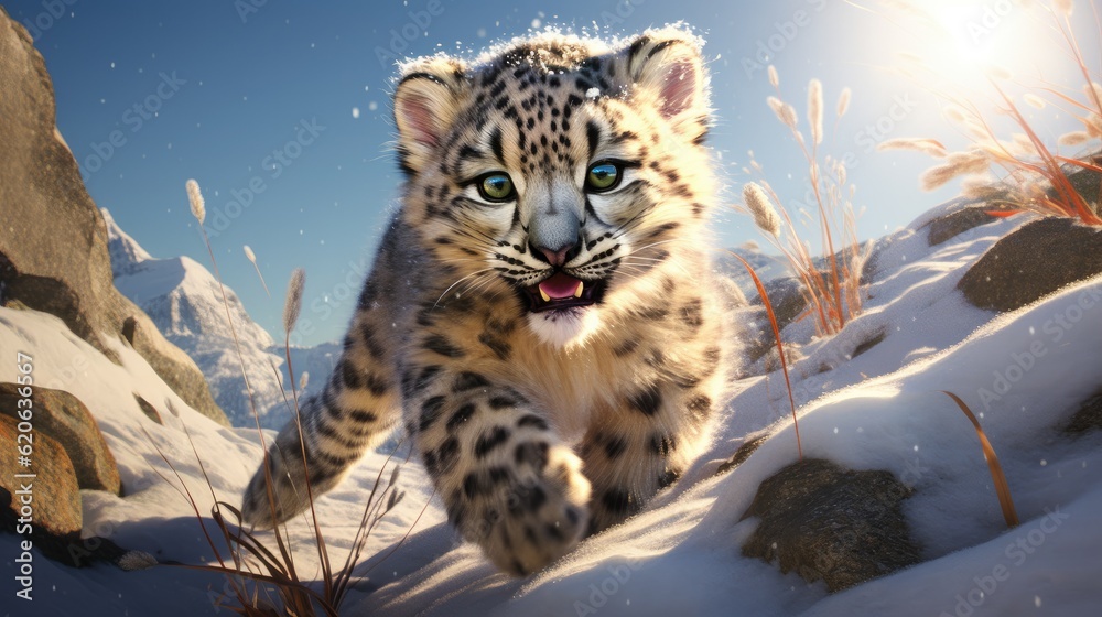 playful snow leopard cub bounding joyfully, created with generative ai ...