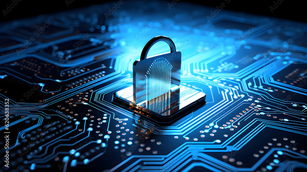 Cybersecurity concept depicting a padlock on top of a microchip board ...