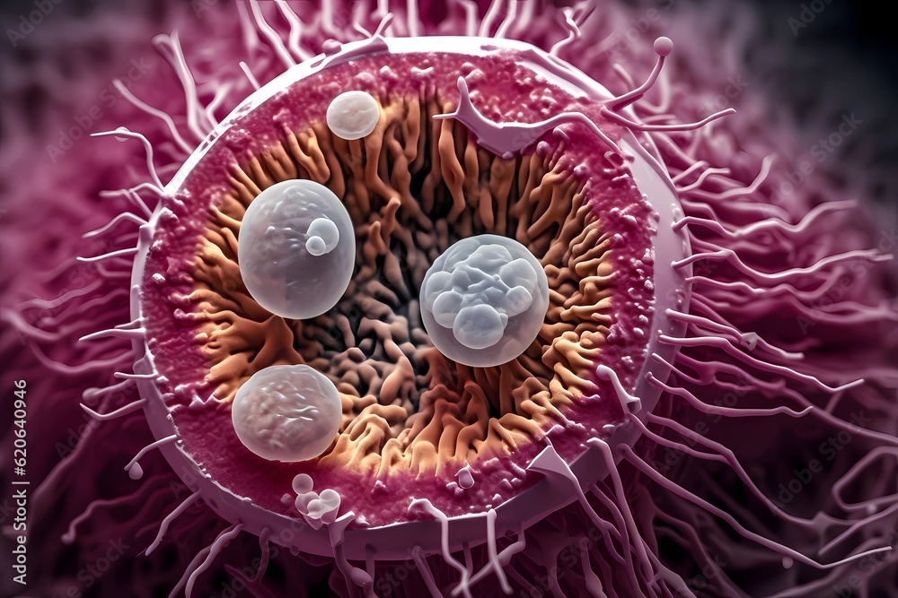Microscopic macro close up shot of human cell. Biology, microbiology or ...