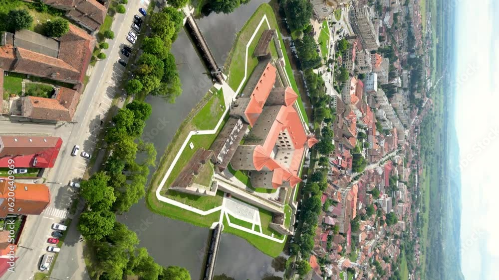 Vertical aerial footage of Fagaras Fortress. Beautiful medieval Citadel ...