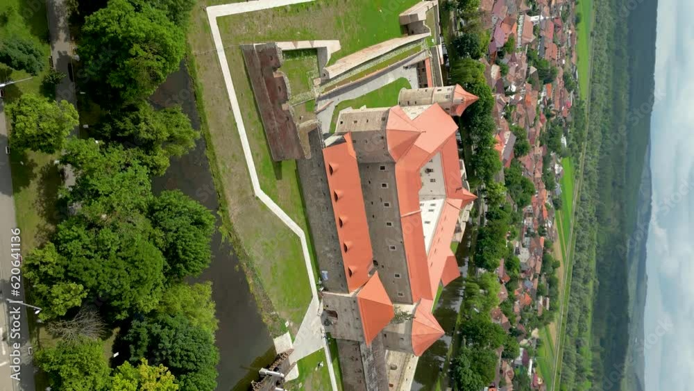 Vertical aerial footage of Fagaras Fortress. Beautiful medieval Citadel ...