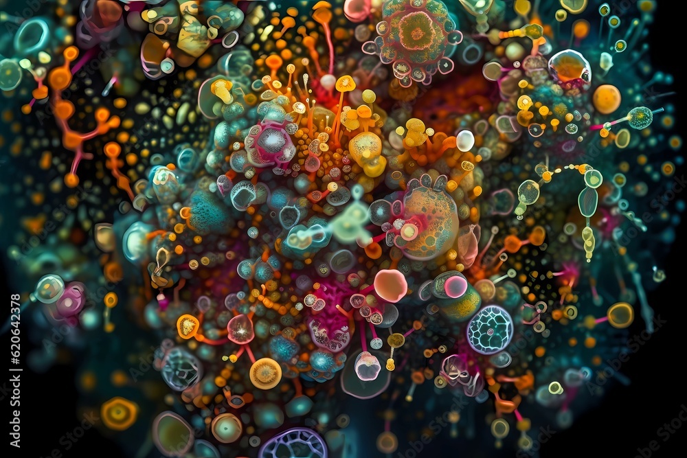 Microscopic macro close up shot of cell and bacteria. Biology ...