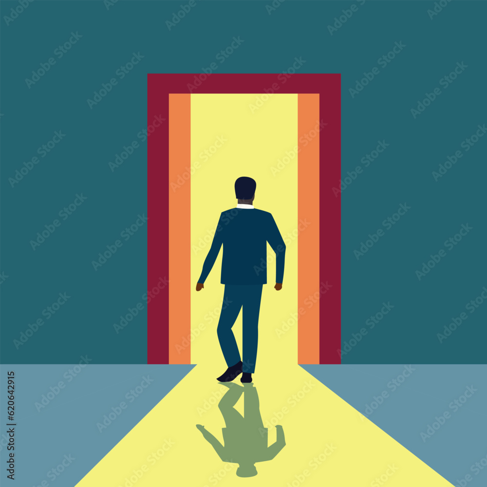 Man walking into light through a door, courage concept flat style vector illustration, Man ...
