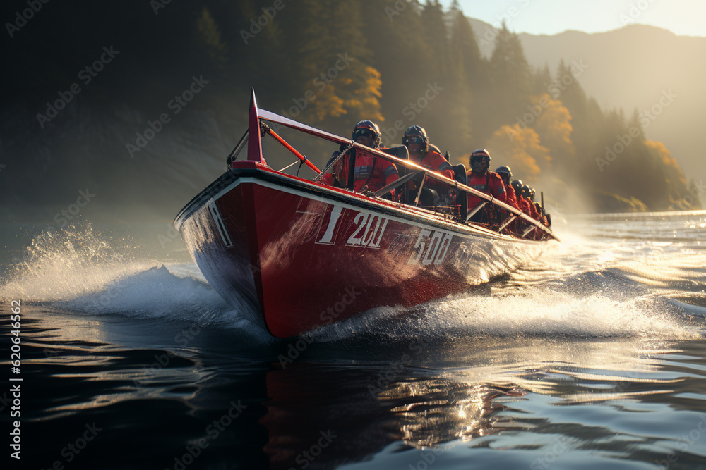A team of rowers propelling a sleek rowing boat with synchronized ... A team of rowers propelling a sleek rowing boat with synchronized ...