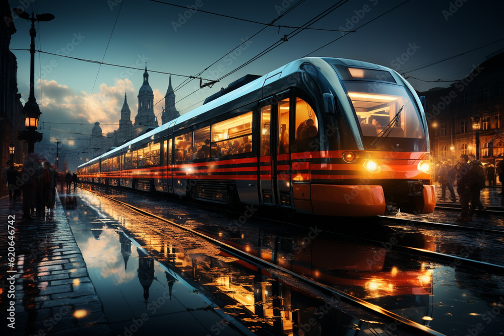 A time-lapse image of trains coming and going at a busy railway ...