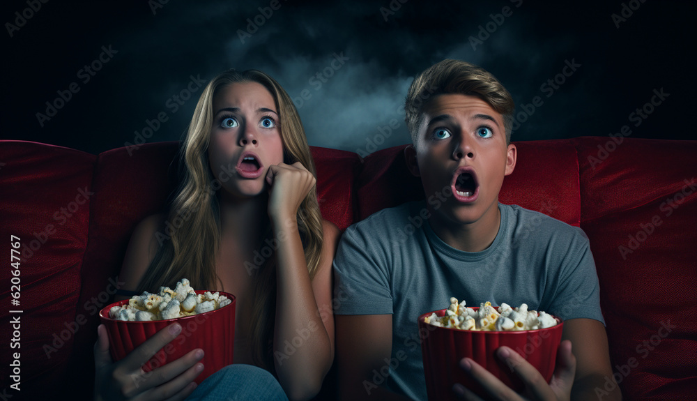 Young scared teenagers couple at the cinema watching an horror movie ...