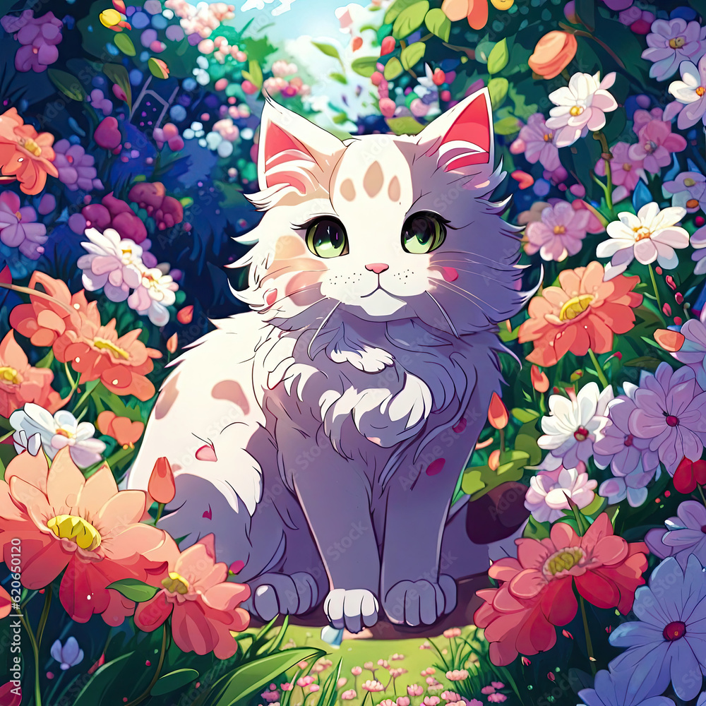 Generative AI cute cat, cute little cats, cute kitten sitting in flower ...