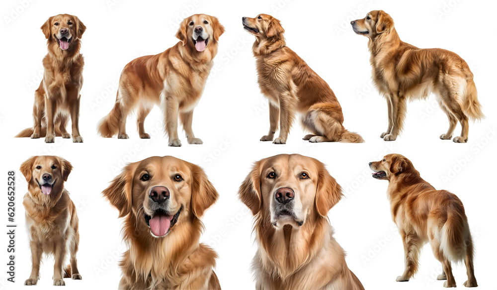 Golden Retriever dog puppy, many angles and view portrait side back ...