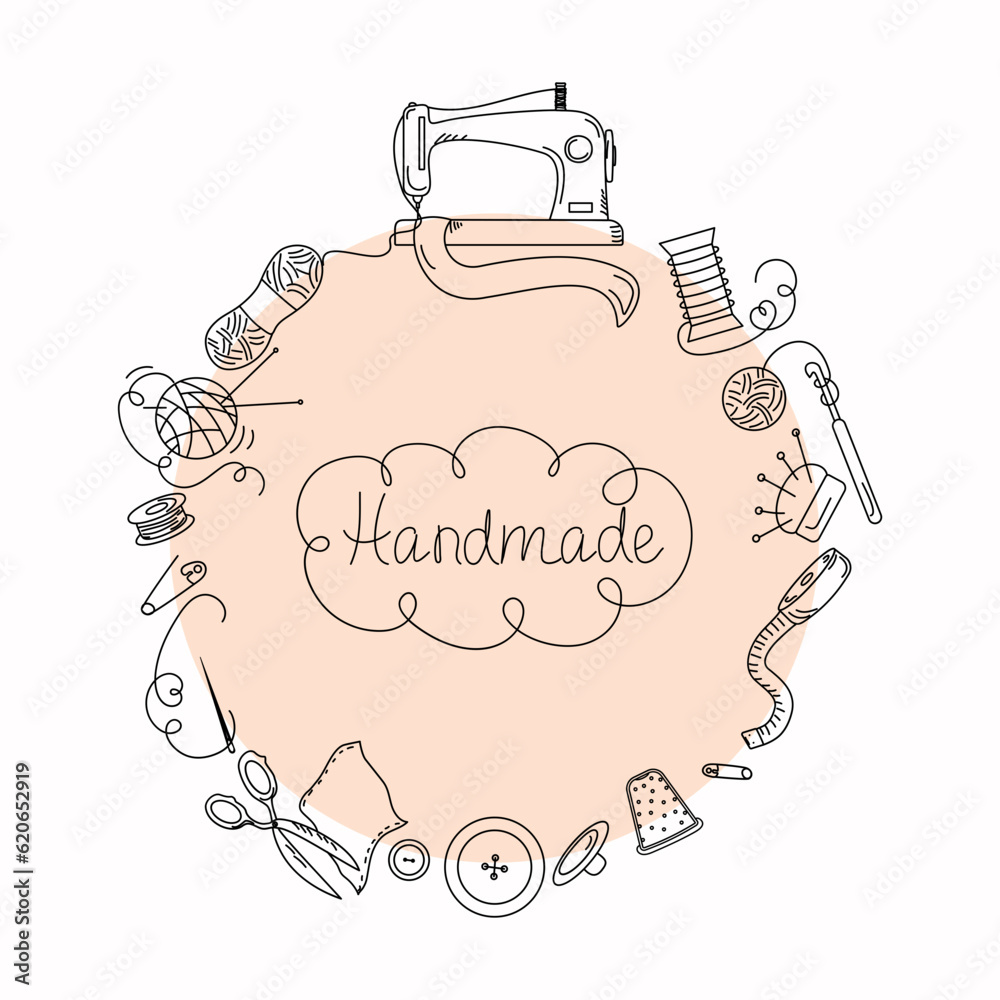 Sewing tools, doodle style. Handmade, Handicrafts set with elements of ...