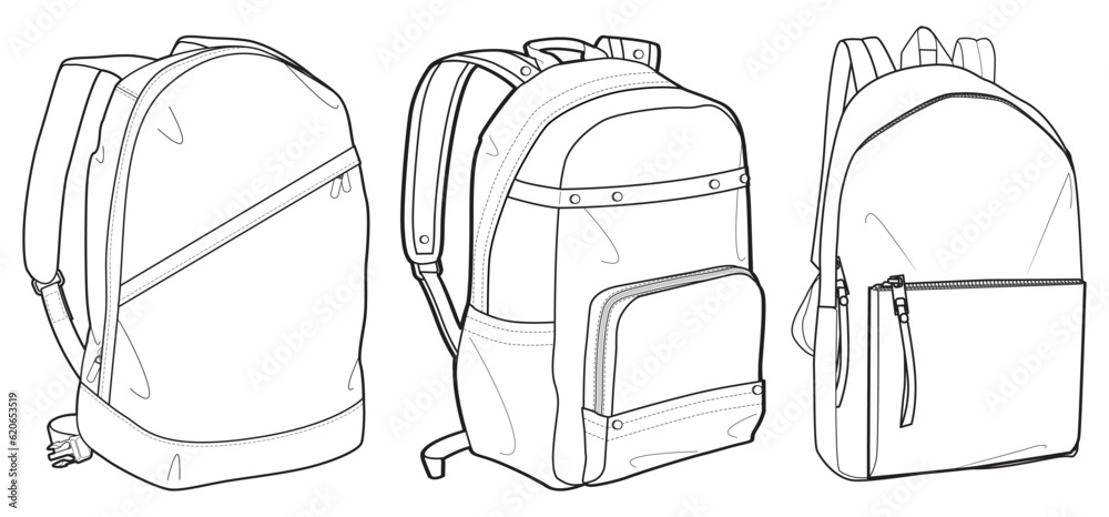 Set of Backpack bag flat sketch fashion illustration drawing template ...
