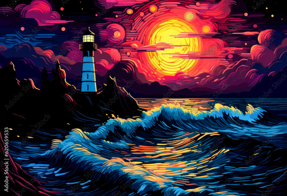 Colorful lighthouse in ocean, Colorized seascape at night, In the style ...