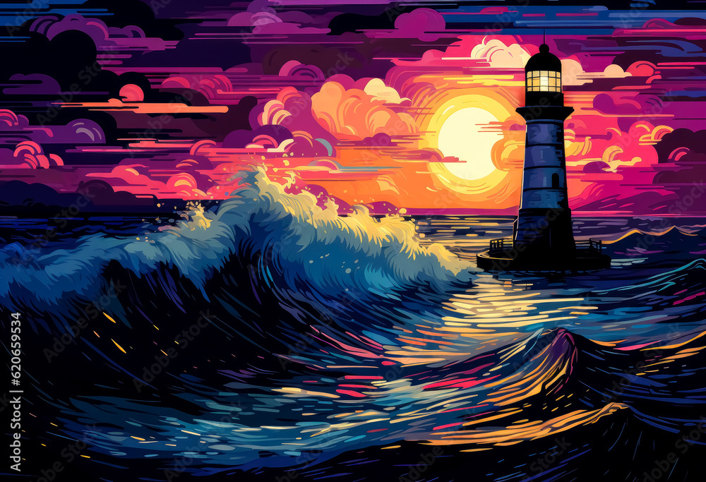 Colorful lighthouse in ocean, Colorized seascape at night, In the style ...