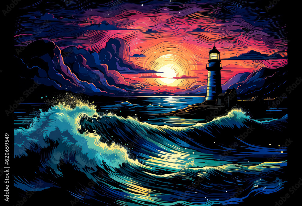 Colorful lighthouse in ocean, Colorized seascape at night, In the style ...