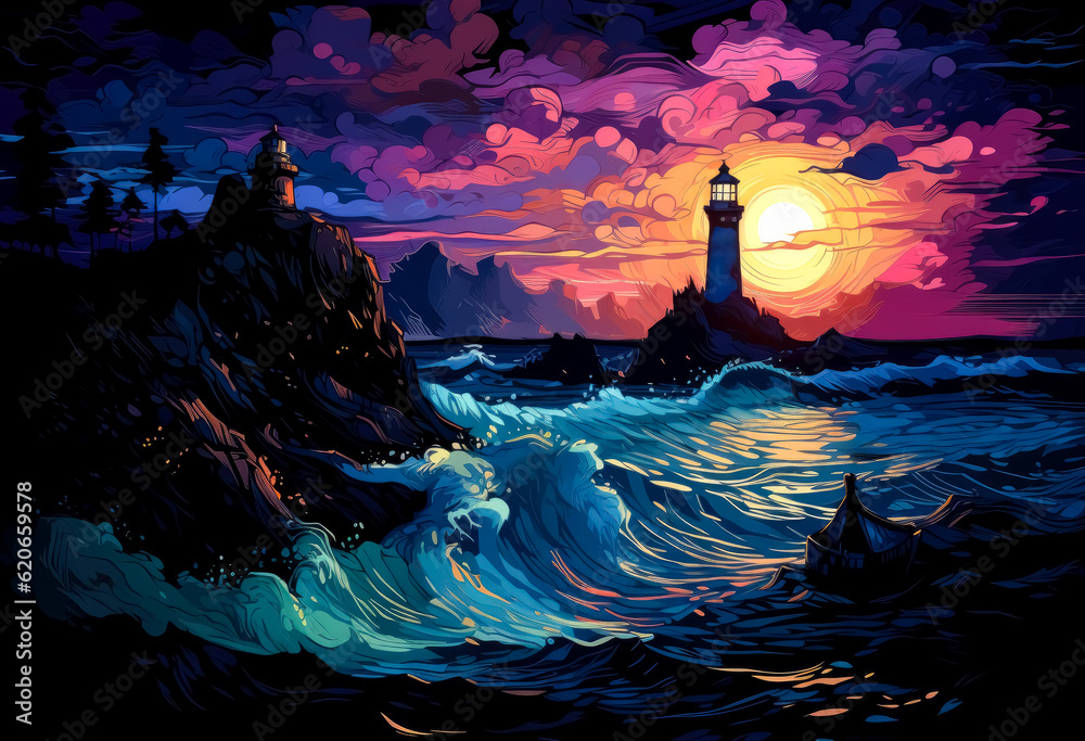 Colorful lighthouse in ocean, Colorized seascape at night, In the style ...