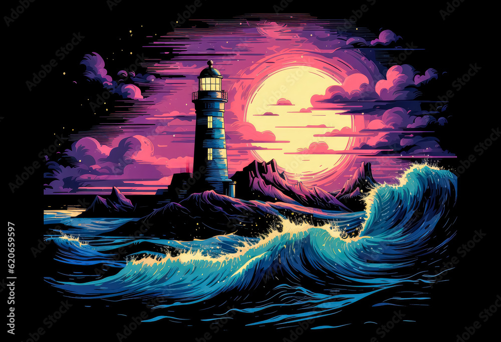 Colorful lighthouse in ocean, Colorized seascape at night, In the style ...