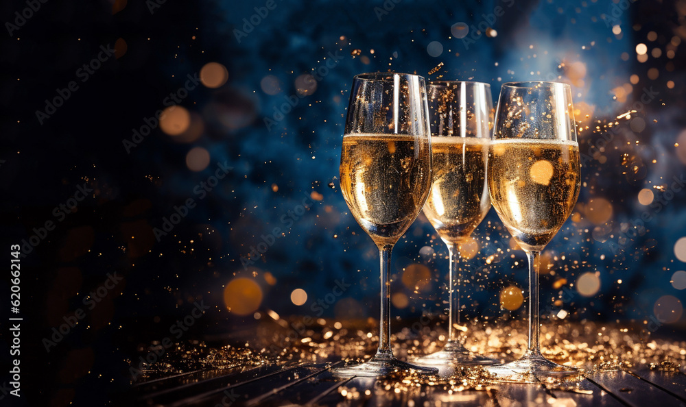 Champagne for festive cheers with gold sparkling bokeh background. Glasses of sparkling wine in ...