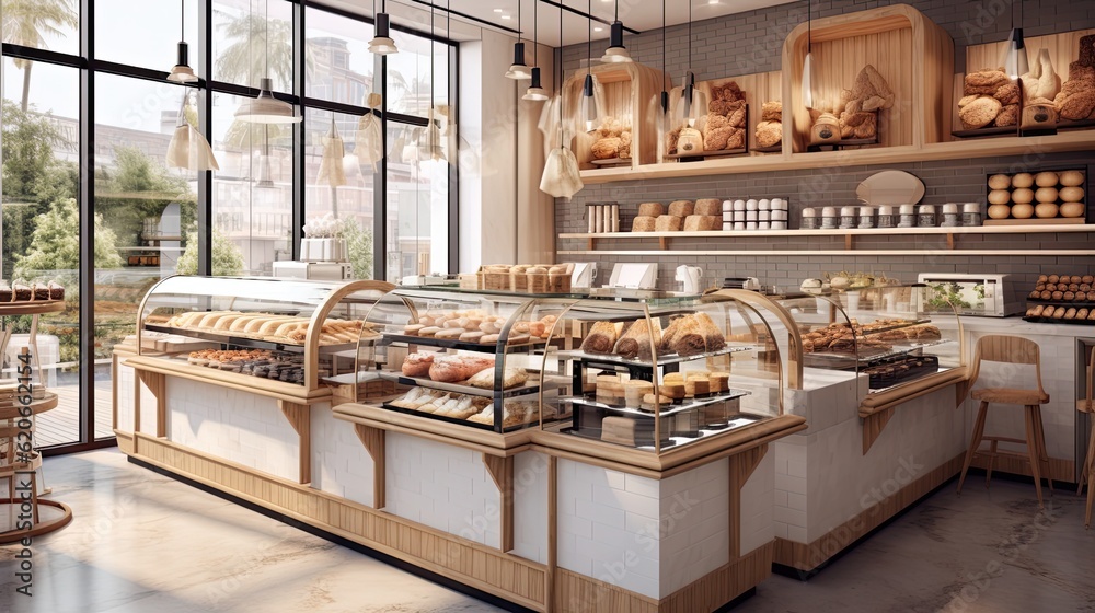 interior of a shop. Bakery shelf with many types of bread. bakery with ...