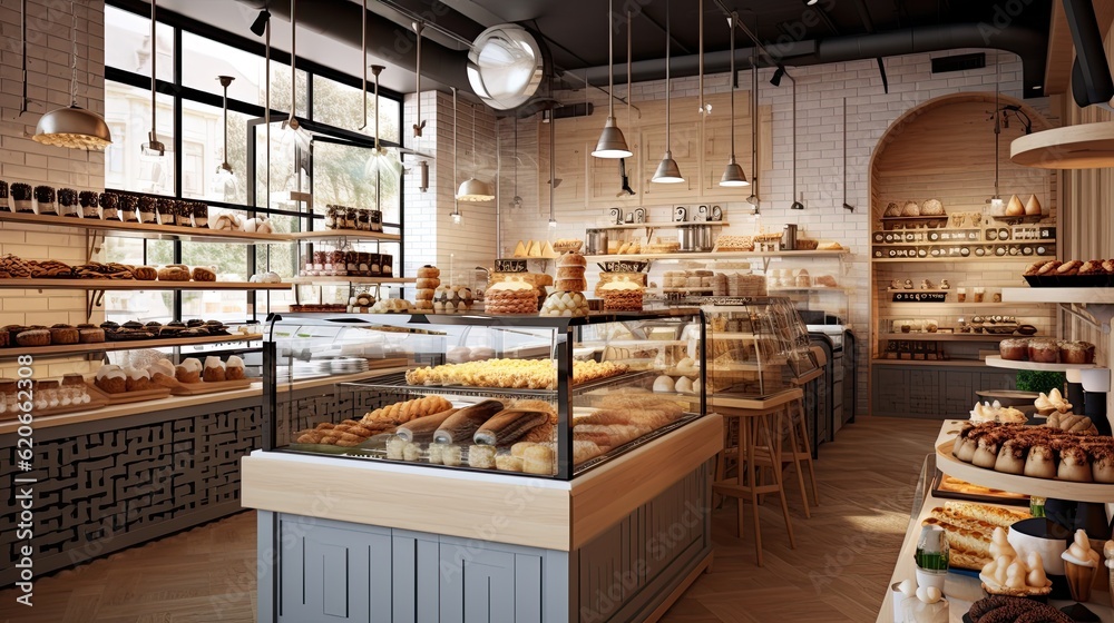 interior of a shop. Bakery shelf with many types of bread. bakery with ...