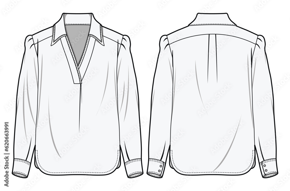 Women V-Neck Collared Shirt Blouse Front and Back View. Fashion Flat ...