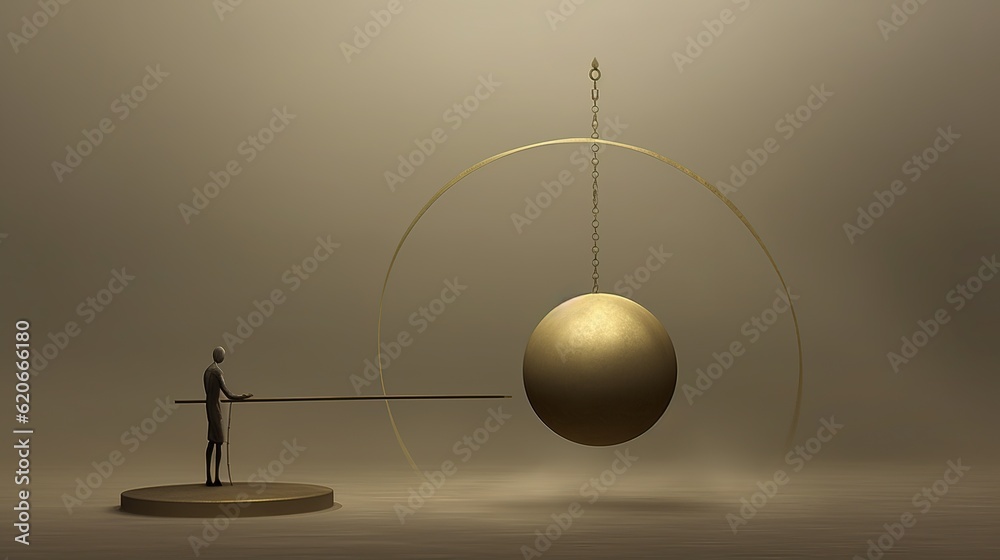 A man swings a bronze pendulum. The composition is a figurine of a man ...