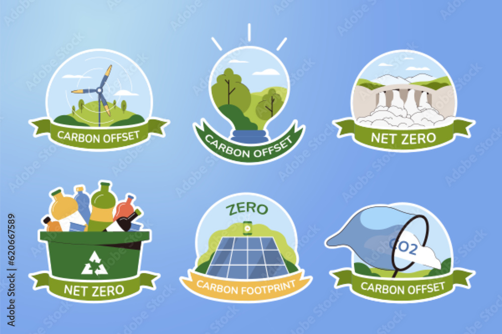 Set icons of net zero and carbon footprint. Sustainable development ...