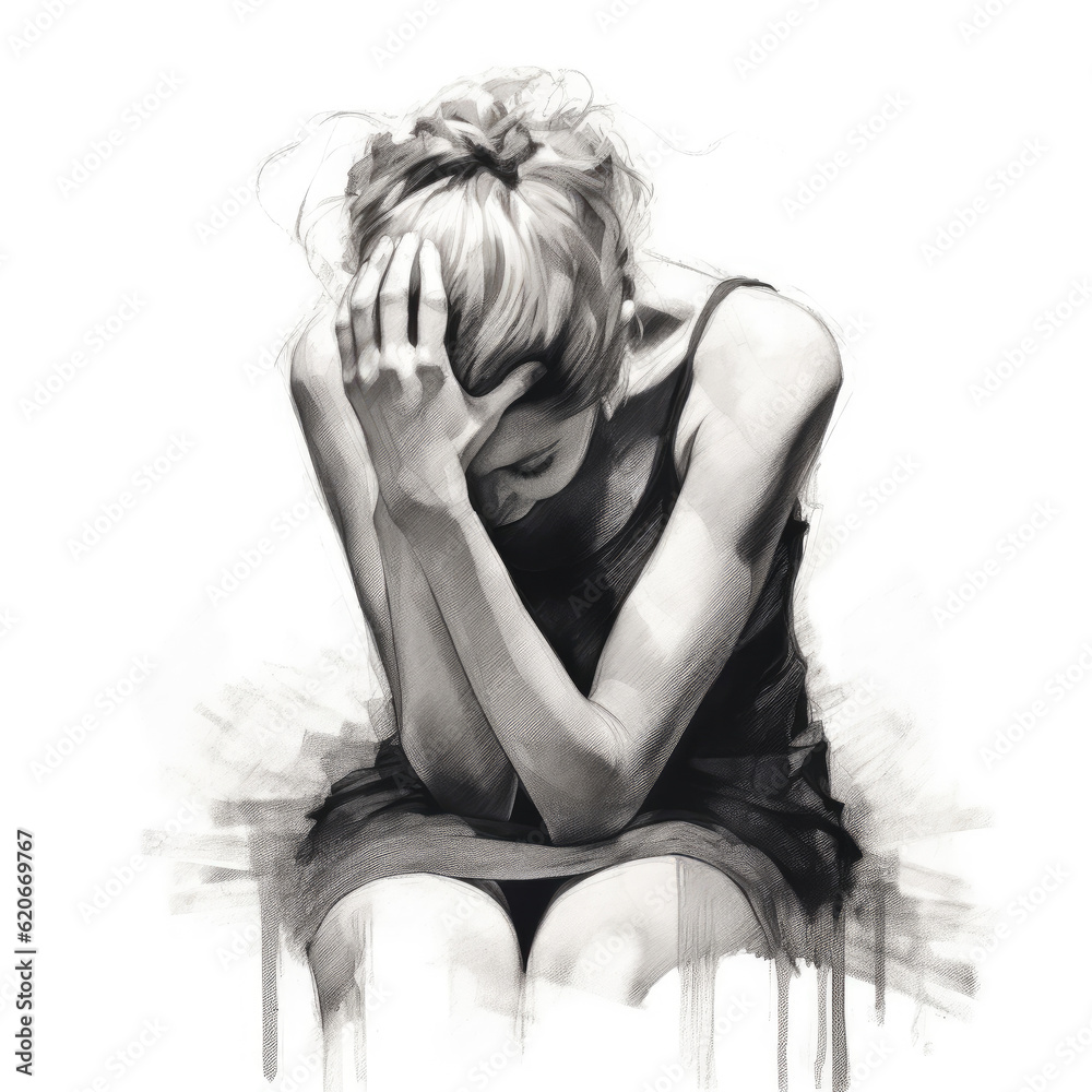 A black and white drawing of a woman sitting depressed and sad with her ...
