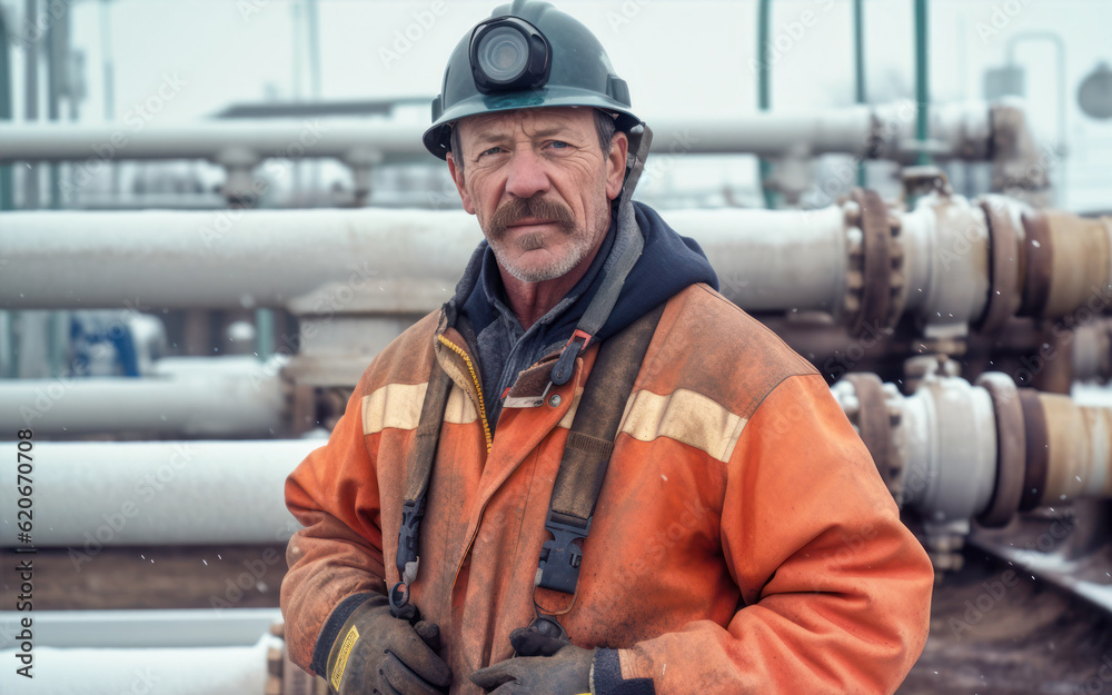 Worker man in orange builders jacket and hard hat helmet, blurred pipes ...