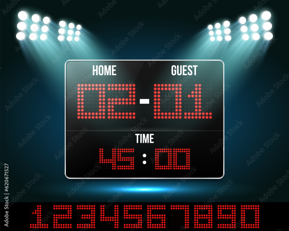 Football digital scoreboard with time and result display. Sport ...