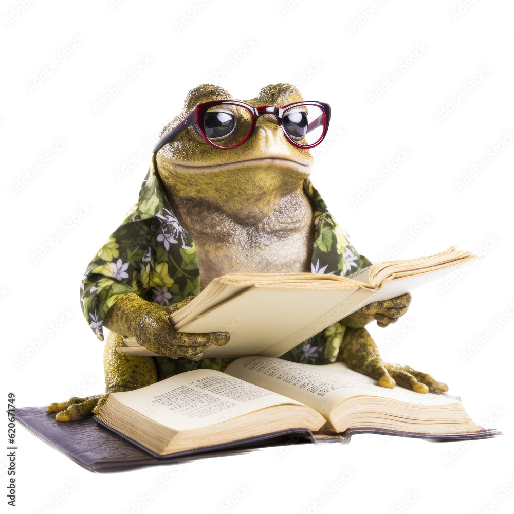 a studious Frog, reading a book, educating himself, School-themed ...