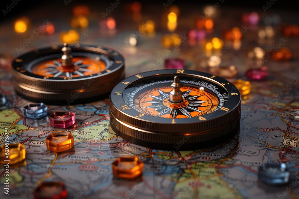 Magnetic compass and location marking with a pin on routes displayed on ...