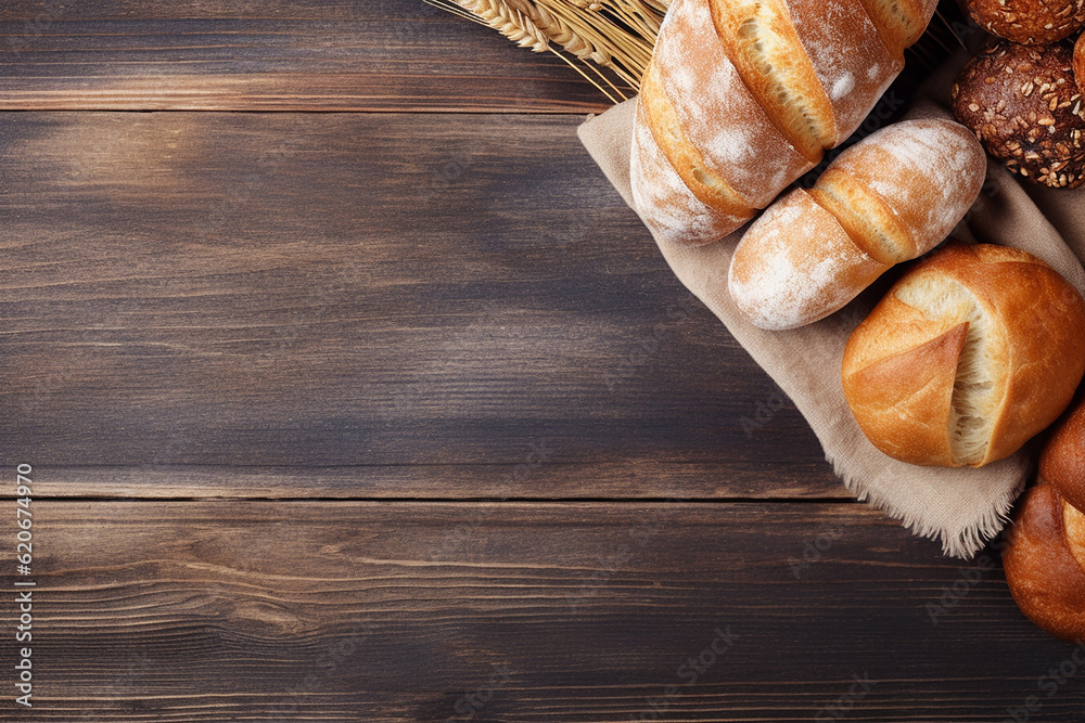 Top View of Bakery Foods over Light Wooden Table - Created with ...