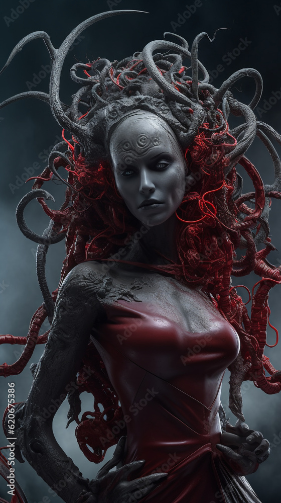 Scary cyberpunk cyborg medusa. Female android with a metal frame and ...