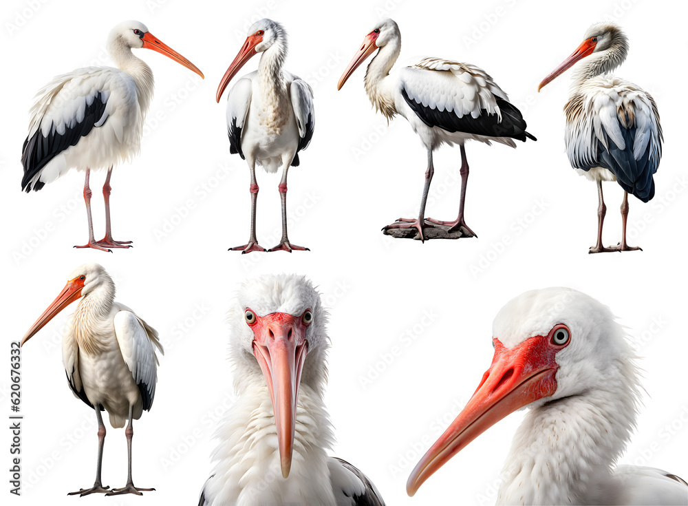 Stork bird, many angles and view portrait side back head shot isolated ...